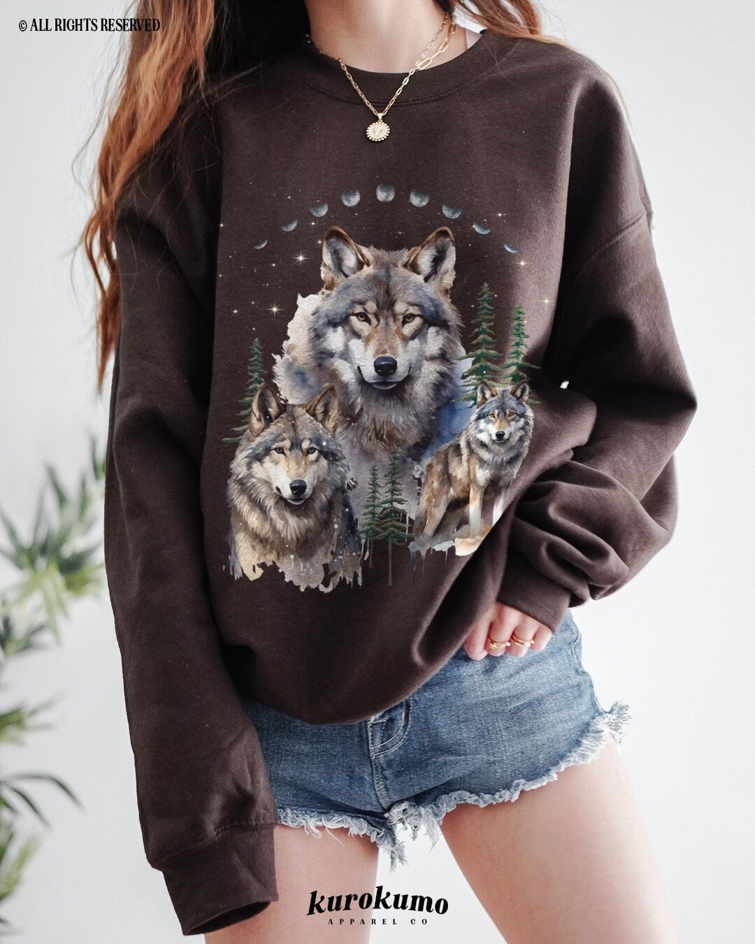 Watercolor Wolves Crewneck Vintage Wolf Sweatshirt Moon Phases Pine ...