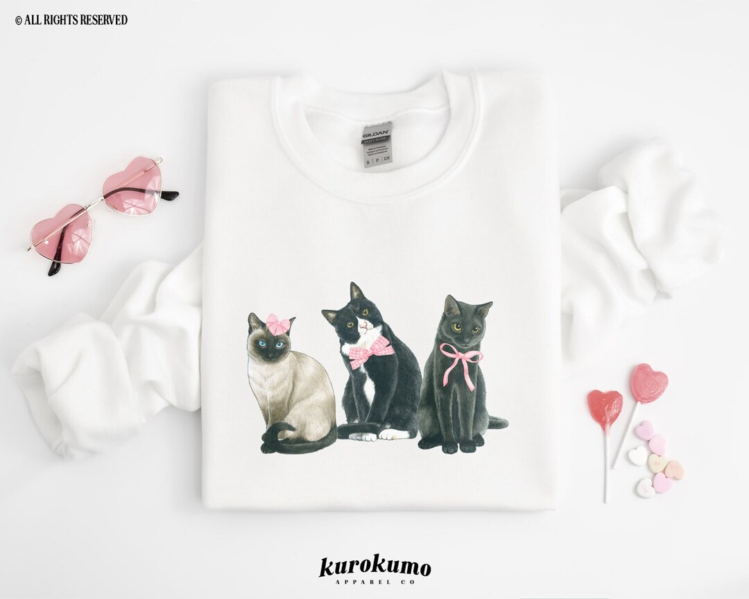 Coquette Cats Crewneck Vintage Cat Sweatshirt Watercolor Pink Bow ...