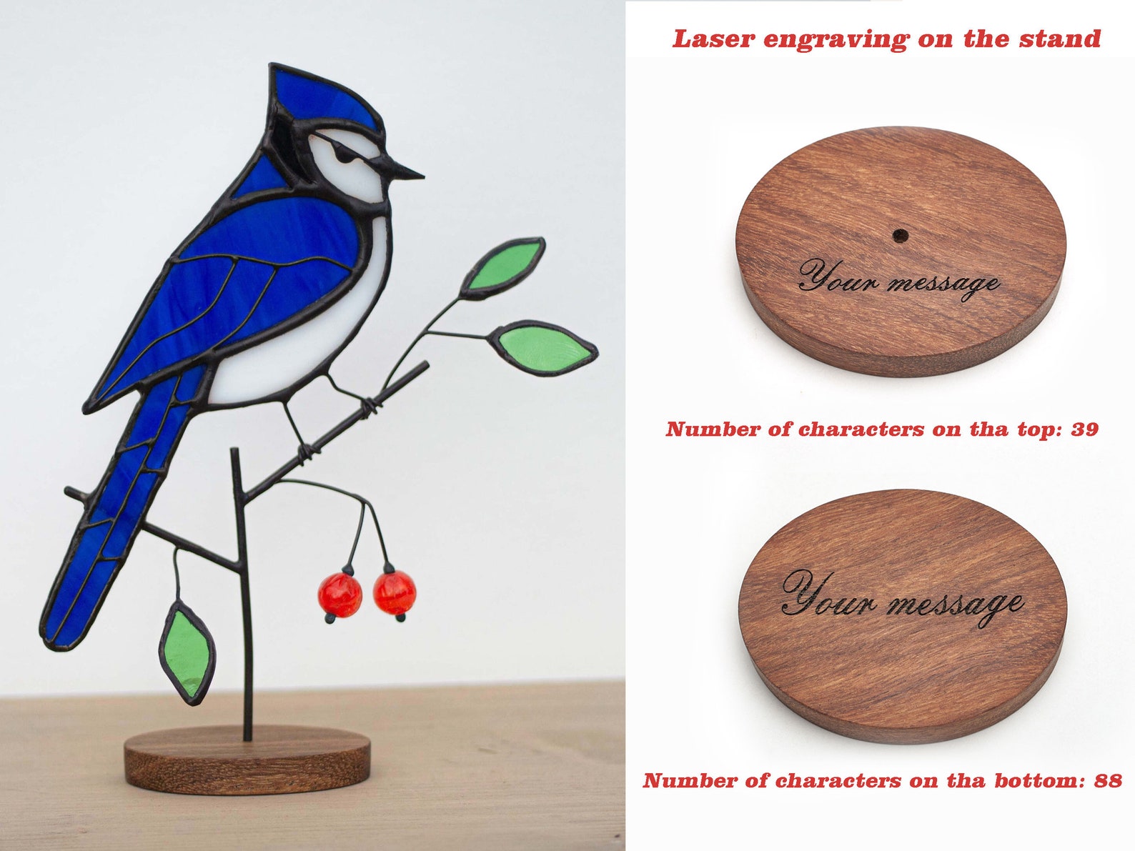 Stained Glass Blue Jay With Handmade Beads on the Wooden Stand Garden ...