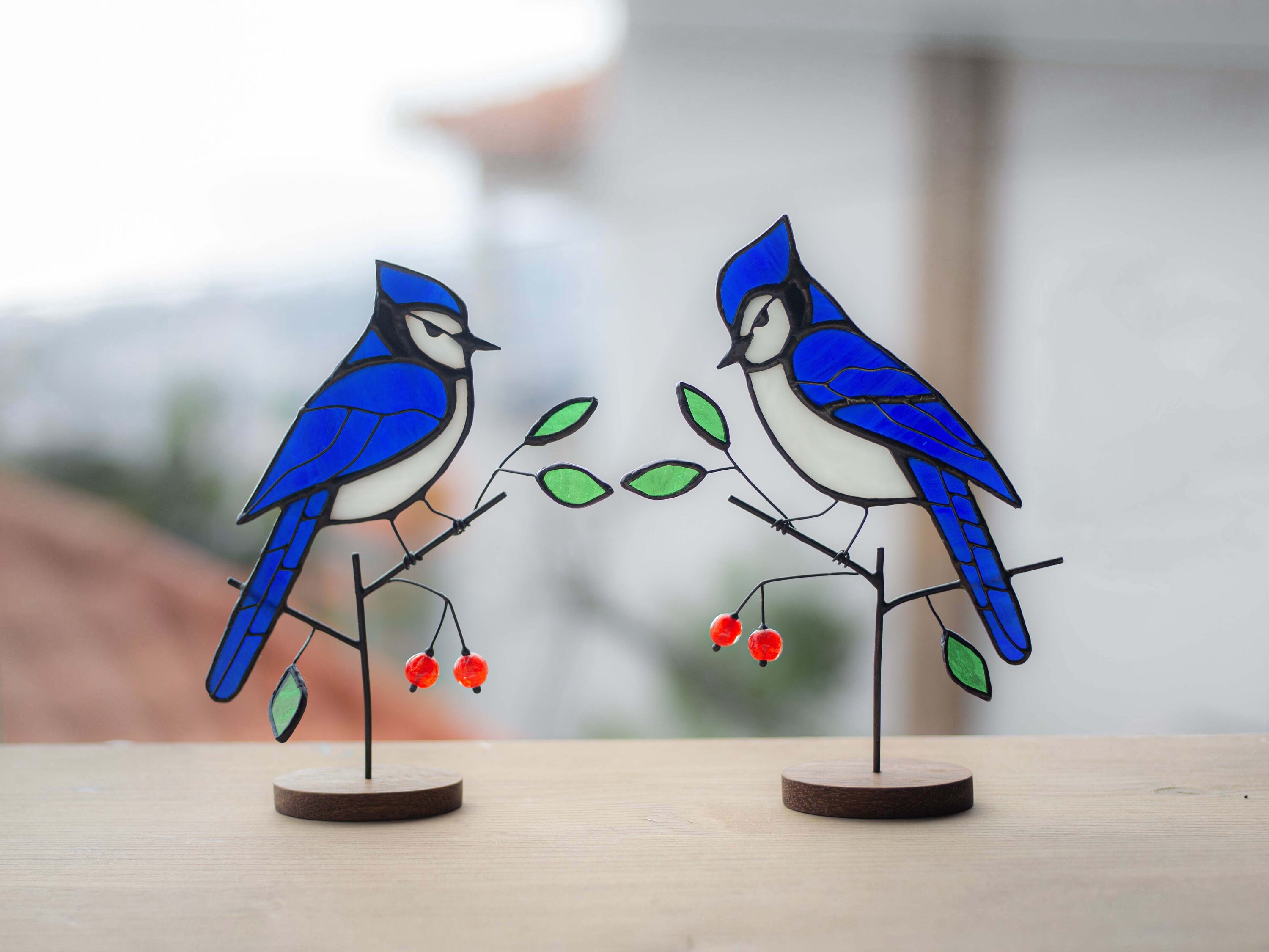 Stained Glass Blue Jay With Handmade Beads on the Wooden Stand | Etsy