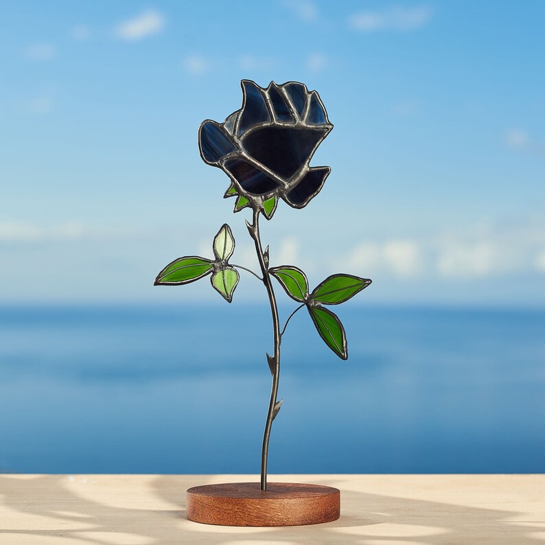 Stained Glass Black Rose on the Wooden Stand Stained Glass | Etsy