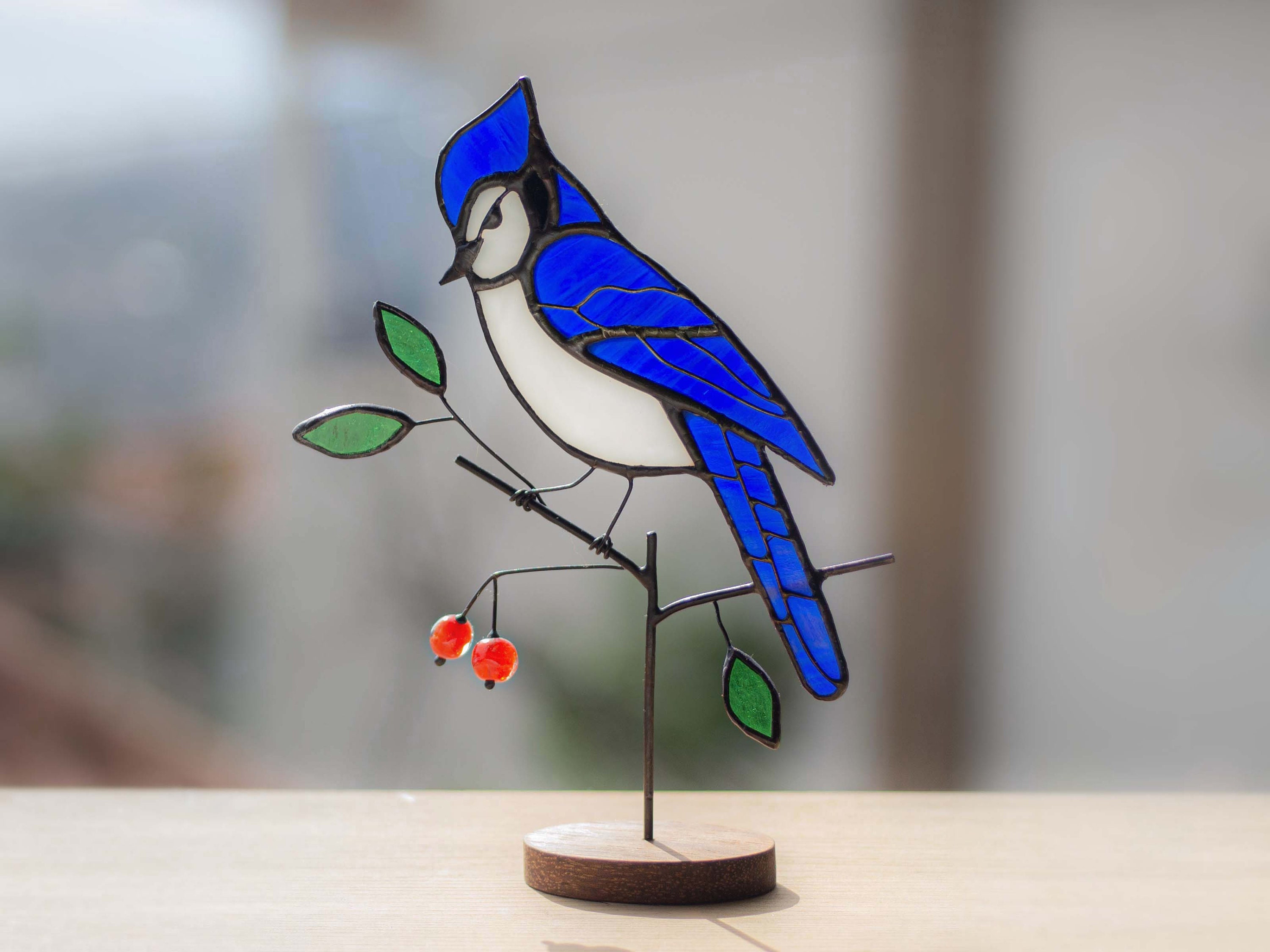 Stained Glass Blue Jay With Handmade Beads on the Wooden Stand | Etsy