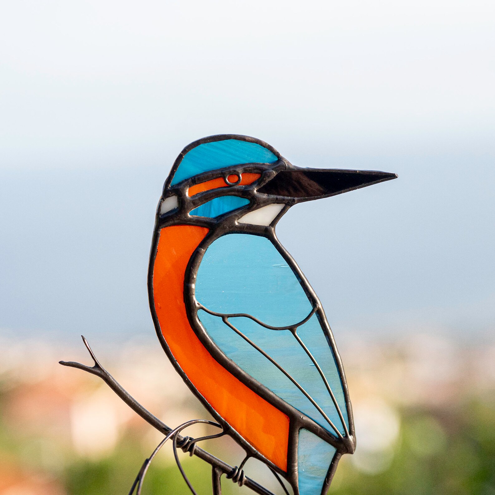 Stained Glass Kingfisher on the Wooden Stand Stained Glass Bird Garden ...