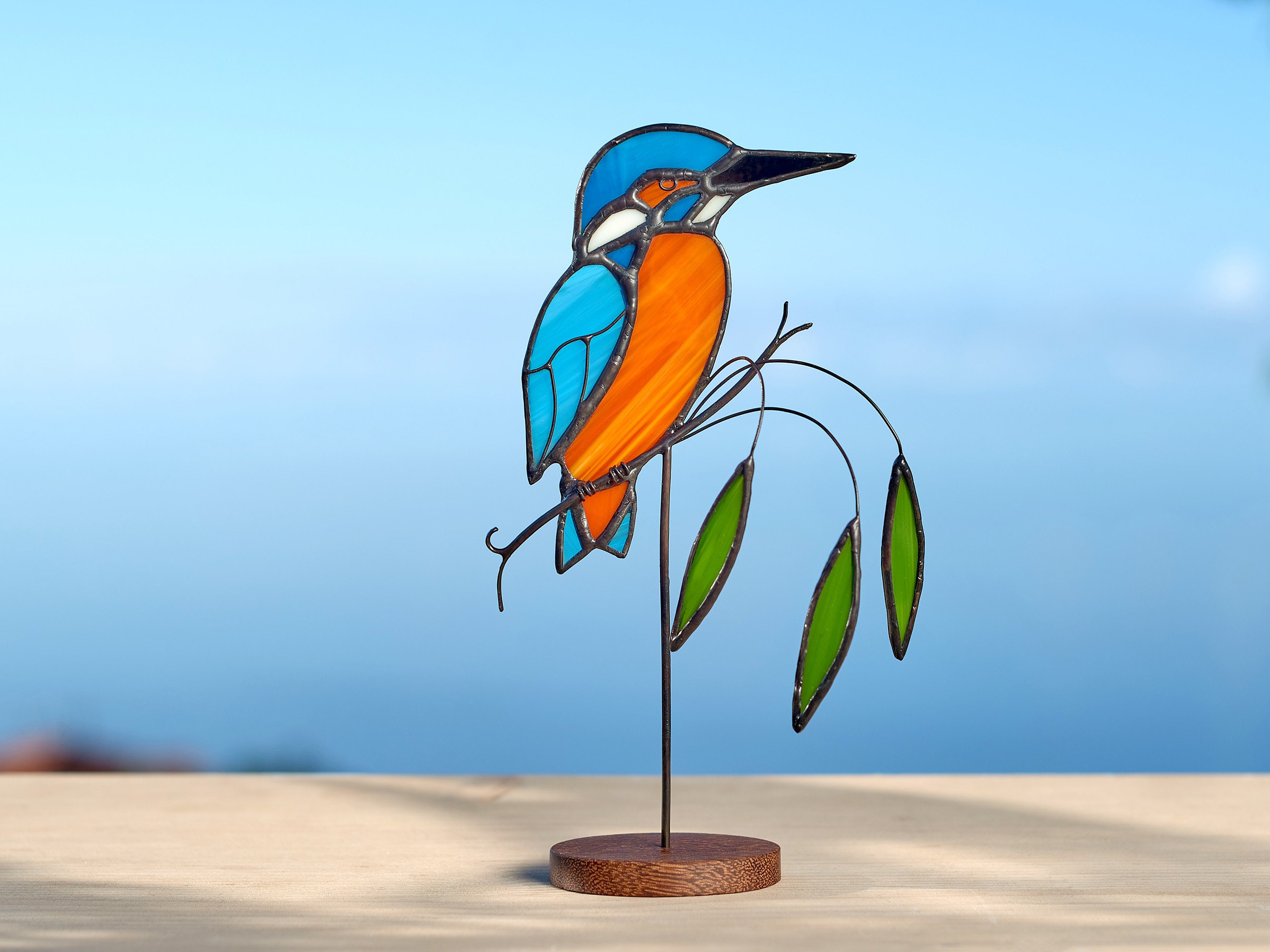 Stained Glass Kingfisher on the Wooden Stand Stained Glass Bird Garden ...
