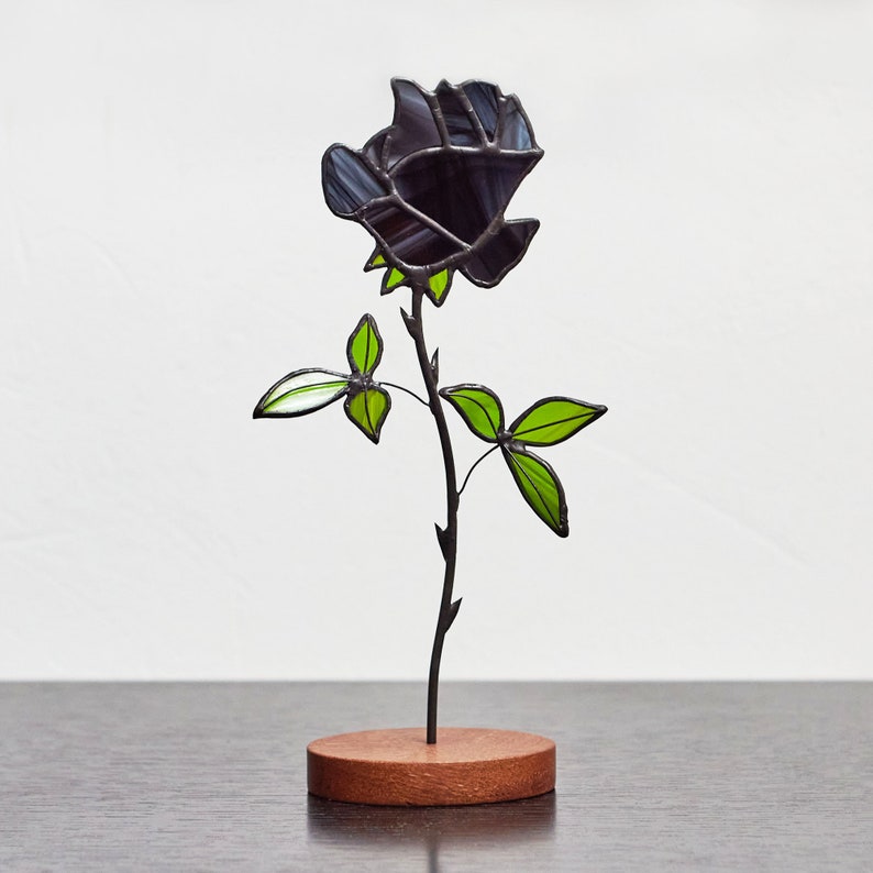Stained Glass Black Rose on the Wooden Stand Stained Glass | Etsy