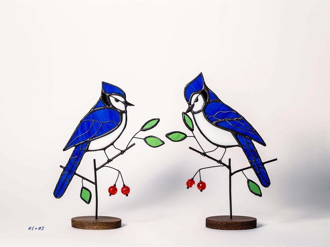 Stained Glass Blue Jay With Handmade Beads on the Wooden Stand | Etsy