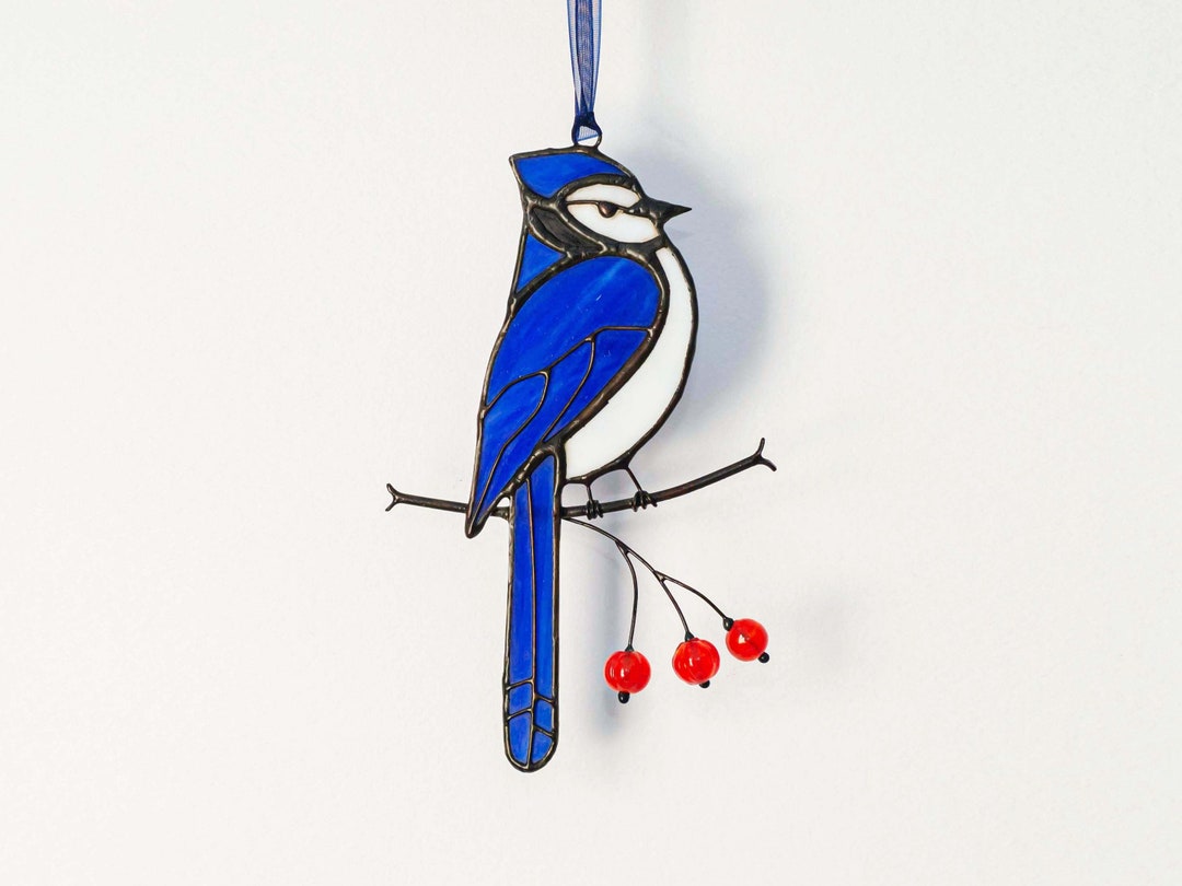 Stained Glass Blue Jay With Handmade Beads on the Branch Stained Glass ...