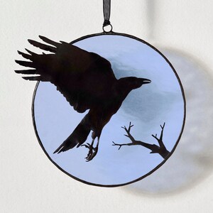 Raven Silhouette on the Stained Glass Moon Halloween Suncatcher Window ...