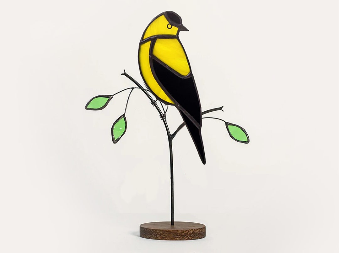 Stained Glass Goldfinch on the Wooden Stand Home Decoration Bird ...