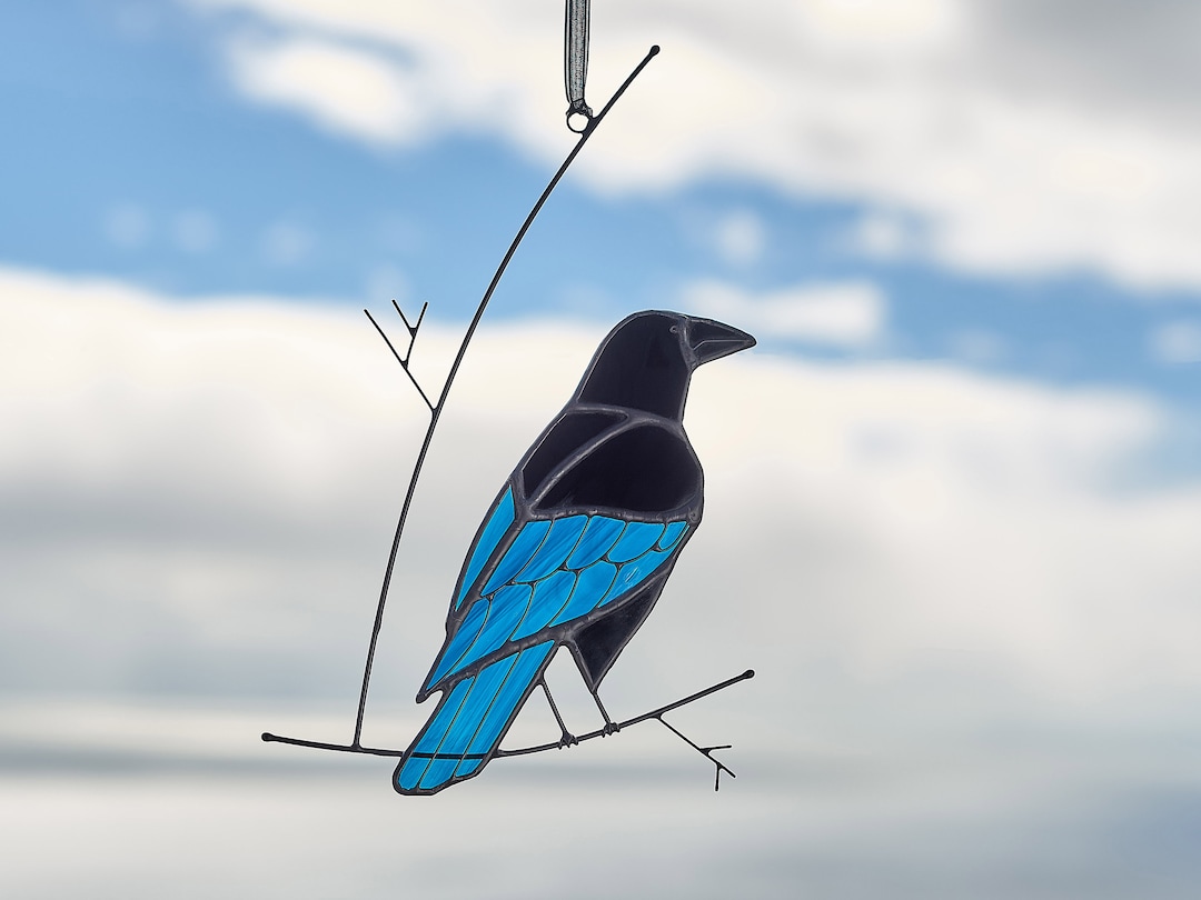 Stained Glass Raven on the Branch Crow Stained Glass Suncatcher Window ...