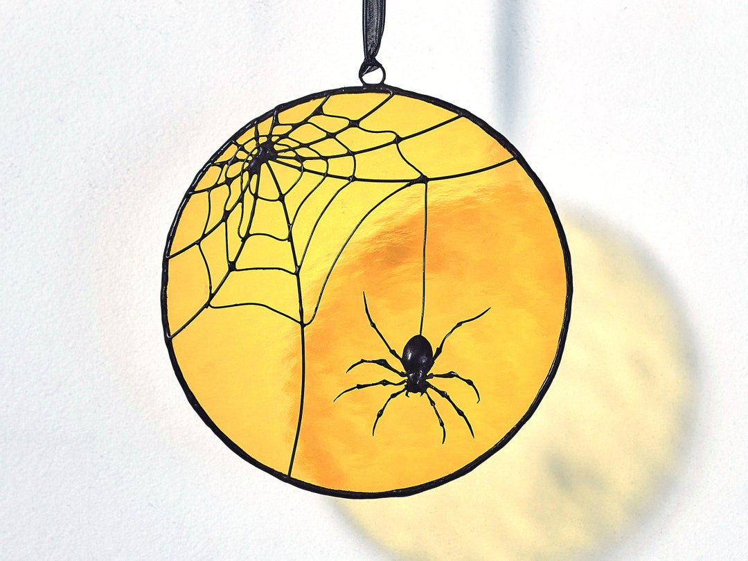 Halloween Spider on the Stained Glass Moon Spider Web Window Hanging ...