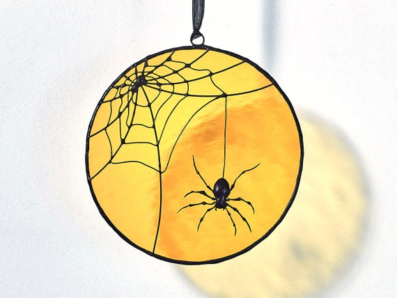 Halloween Spider on the Stained Glass Moon Spider Web Window | Etsy