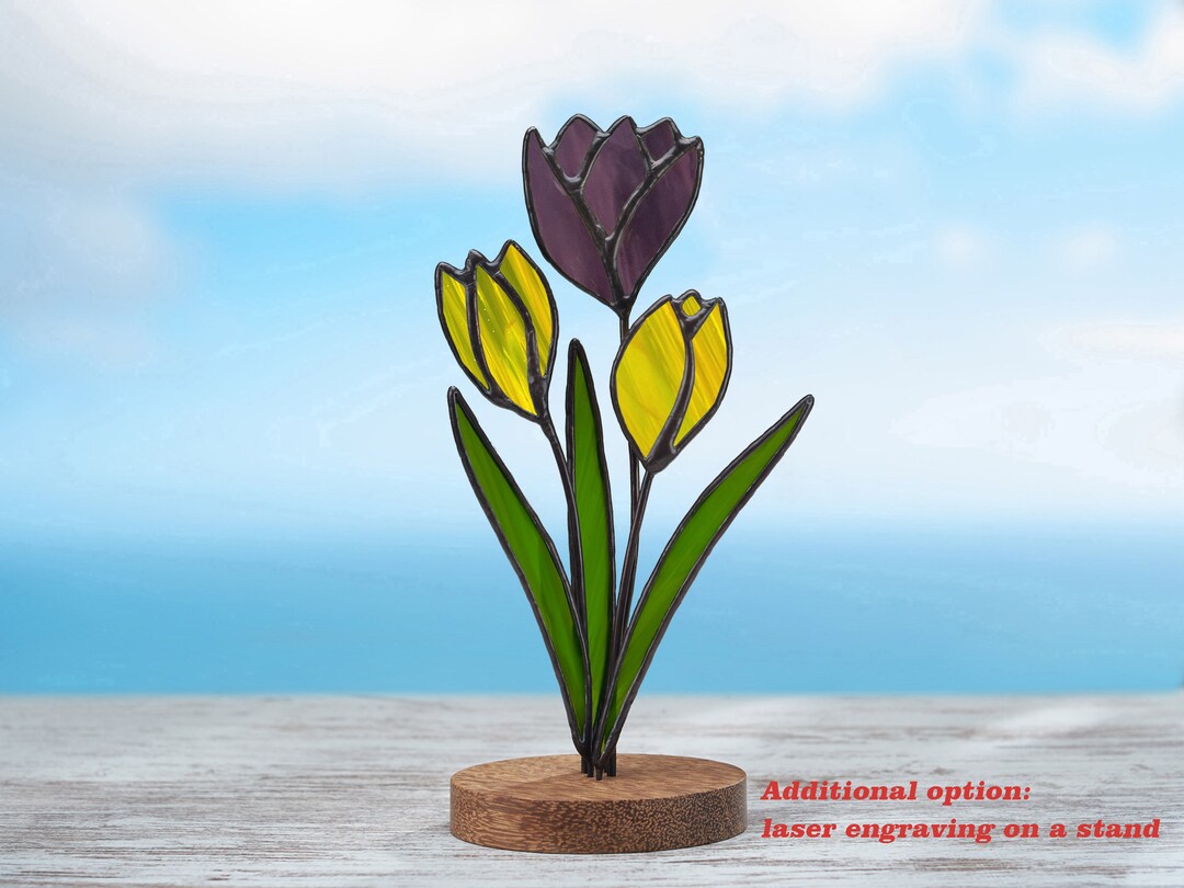 Stained Glass Purple Yellow Crocus on the Wooden Stand Stained Glass ...