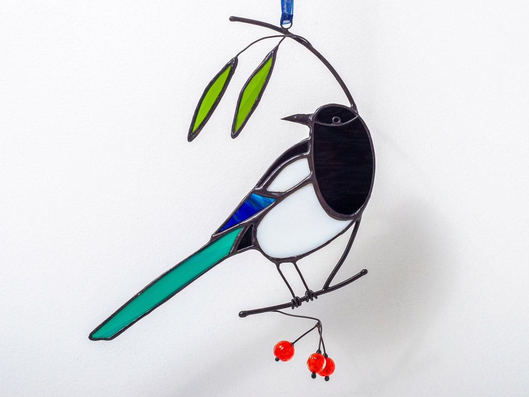 Stained Glass Magpie With Handmade Beads on the Branch Suncatcher ...