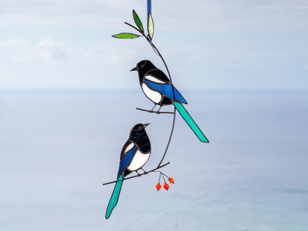 Stained Glass Magpies With Handmade Beads on the Branch Suncatcher ...