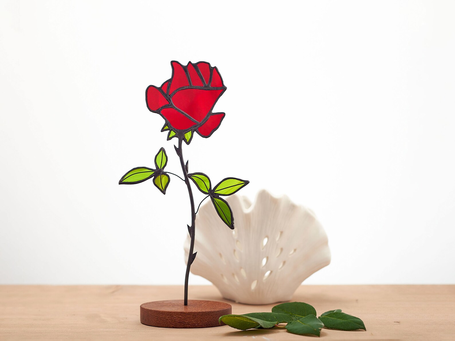 Stained Glass Red Rose on the Wooden Stand Stained Glass Suncatcher ...