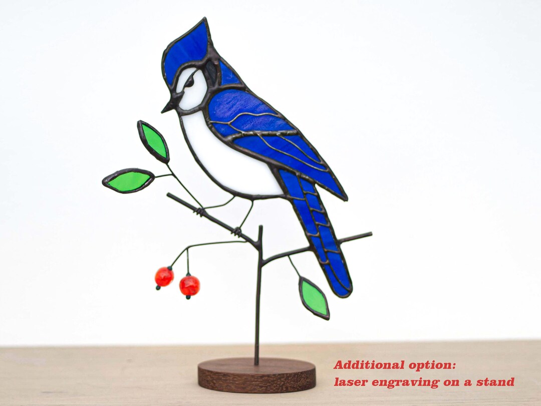 Stained Glass Blue Jay With Handmade Beads on the Wooden Stand Stained ...