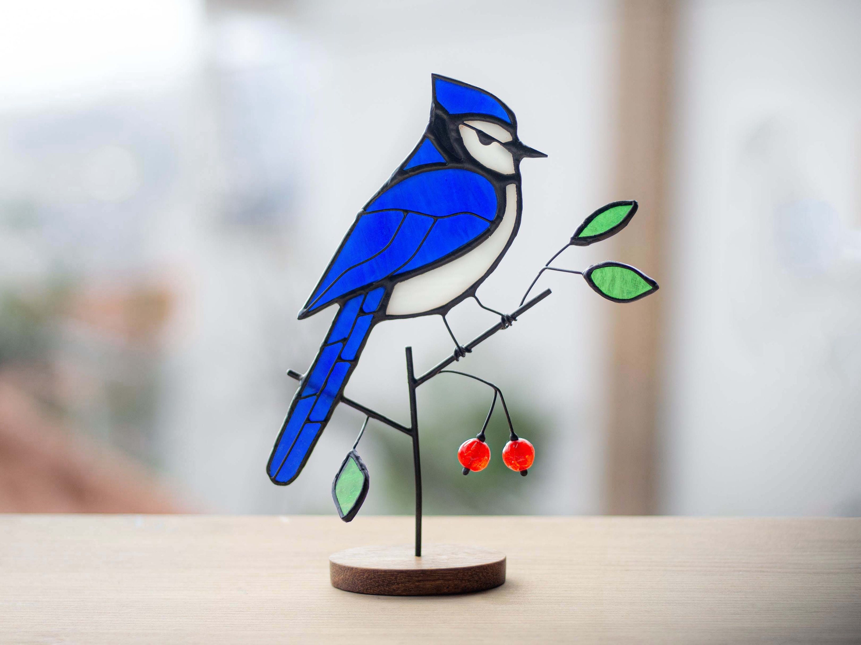 Stained Glass Blue Jay With Handmade Beads on the Wooden Stand | Etsy