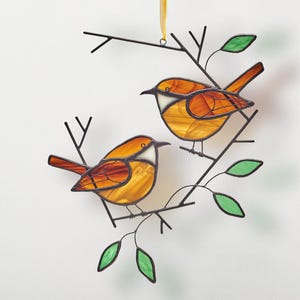 Stained Glass Pair of Carolina Wren on the Branch Window Hanging ...