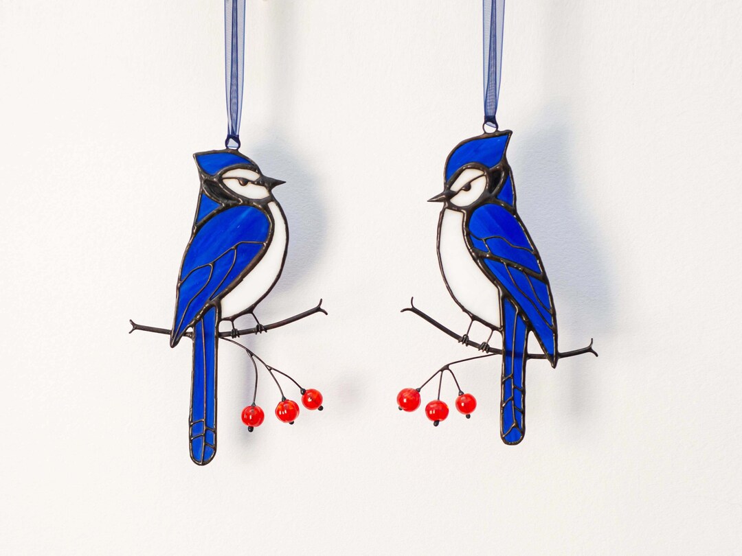 Stained Glass Blue Jay With Handmade Beads on the Branch Stained Glass ...