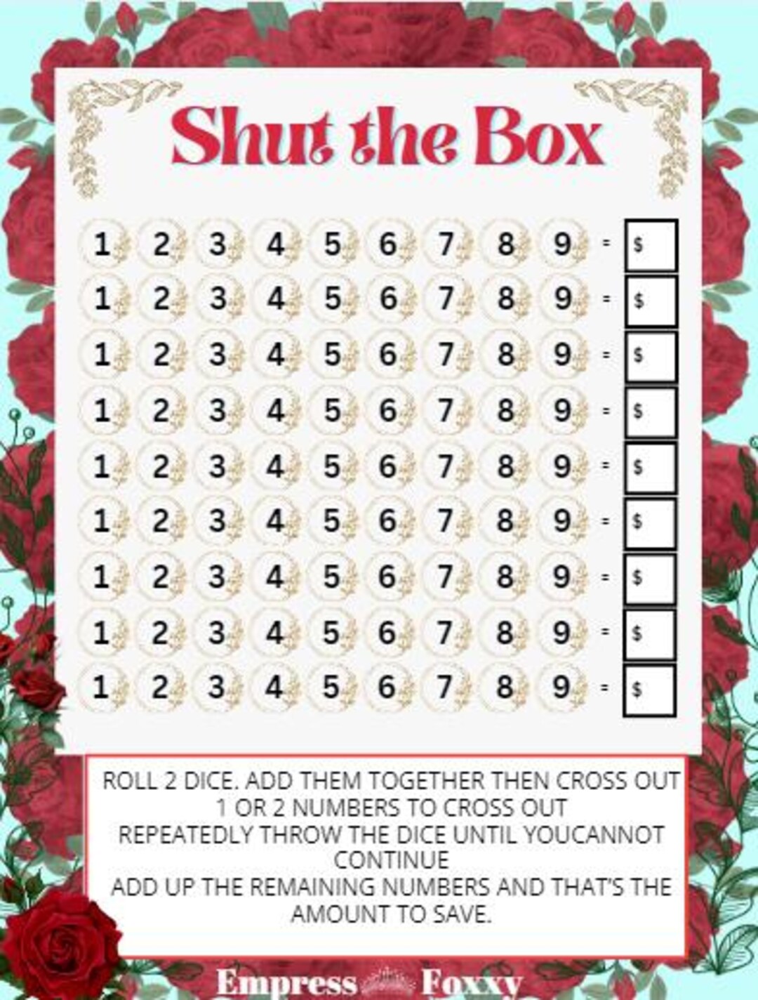 Garden of Roses Shut the Box Savings Challenge Roses love Savings Games ...
