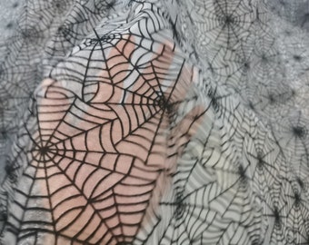 Halloween Fabric Spider Web Flocked on Tull Mesh Halloween Fabric by ...