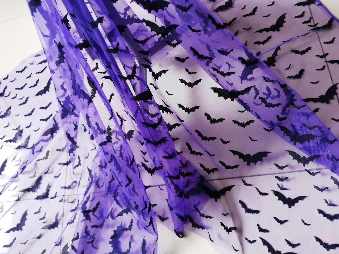 Halloween Fabric Bats Black Bats Flocked on Purple Mesh Halloween ...