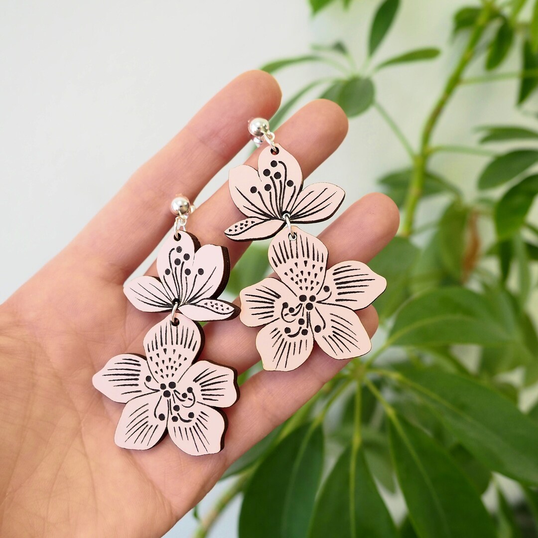 Handmade Long Pink Flower Drop Earrings: Lightweight Birch Wood - Etsy