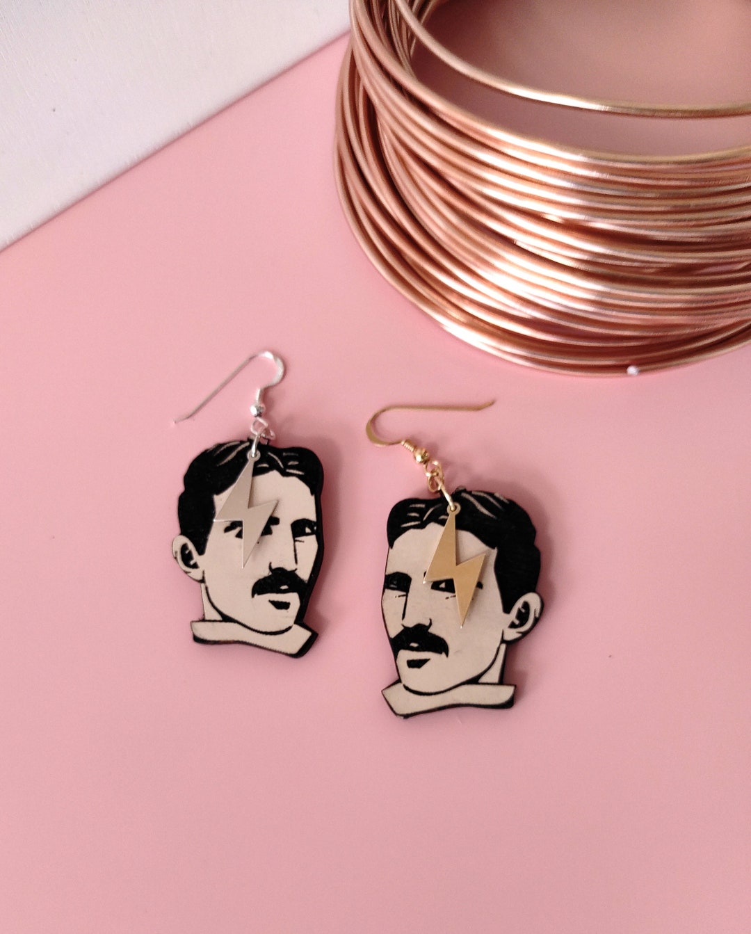 Nikola Tesla With Thunderbolt Drop Earrings Wood Earrings - Etsy UK