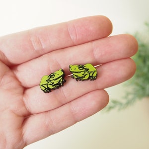 Frog Stud Earrings, Frog Studs, Green Posts, Amphibian Lovers, Green Frog Earrings, Wooden ...