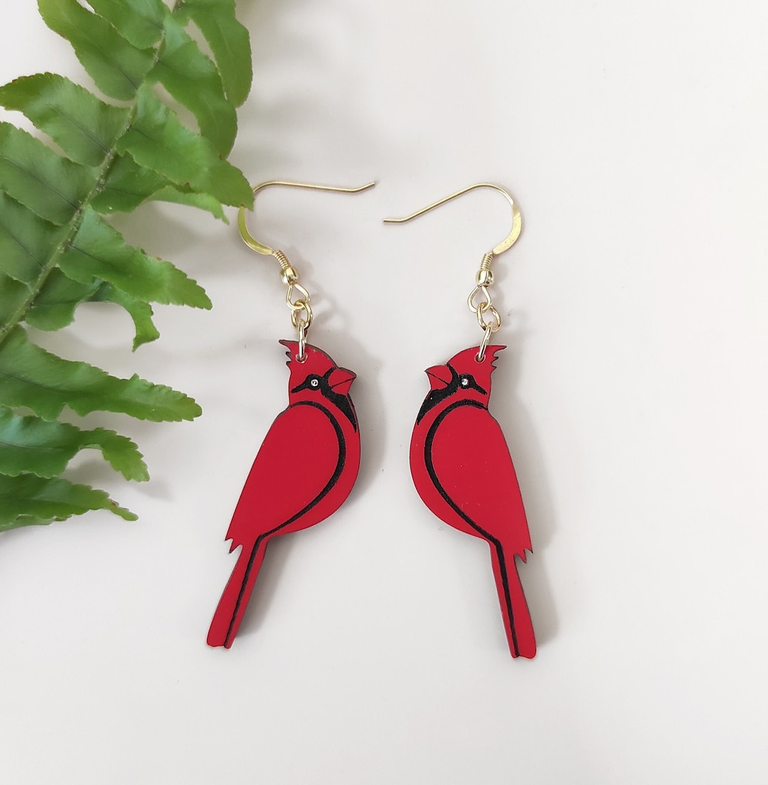 Cardinal Bird Drop Earrings, Red Bird Jewelry, Dangle Earrings, Red ...