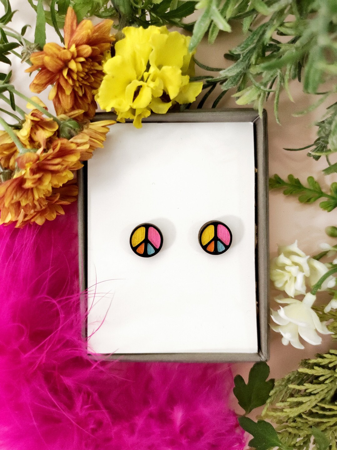 Peace Sign Stud Earrings, Wooden Stud Earrings, Colorful Peace Earrings ...