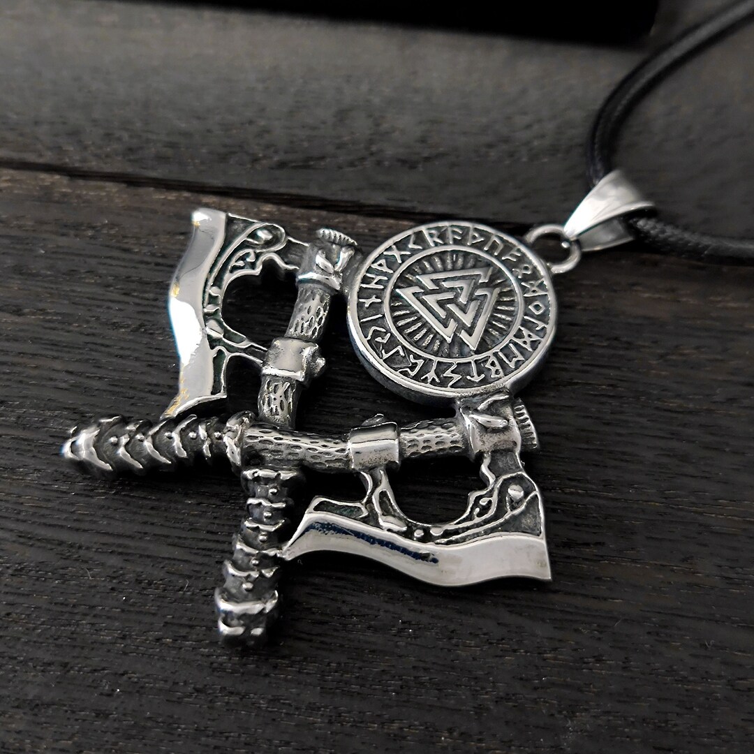 Viking Necklace | Valknut & Cross Axes Nordic Mythology Talisman Charm ...