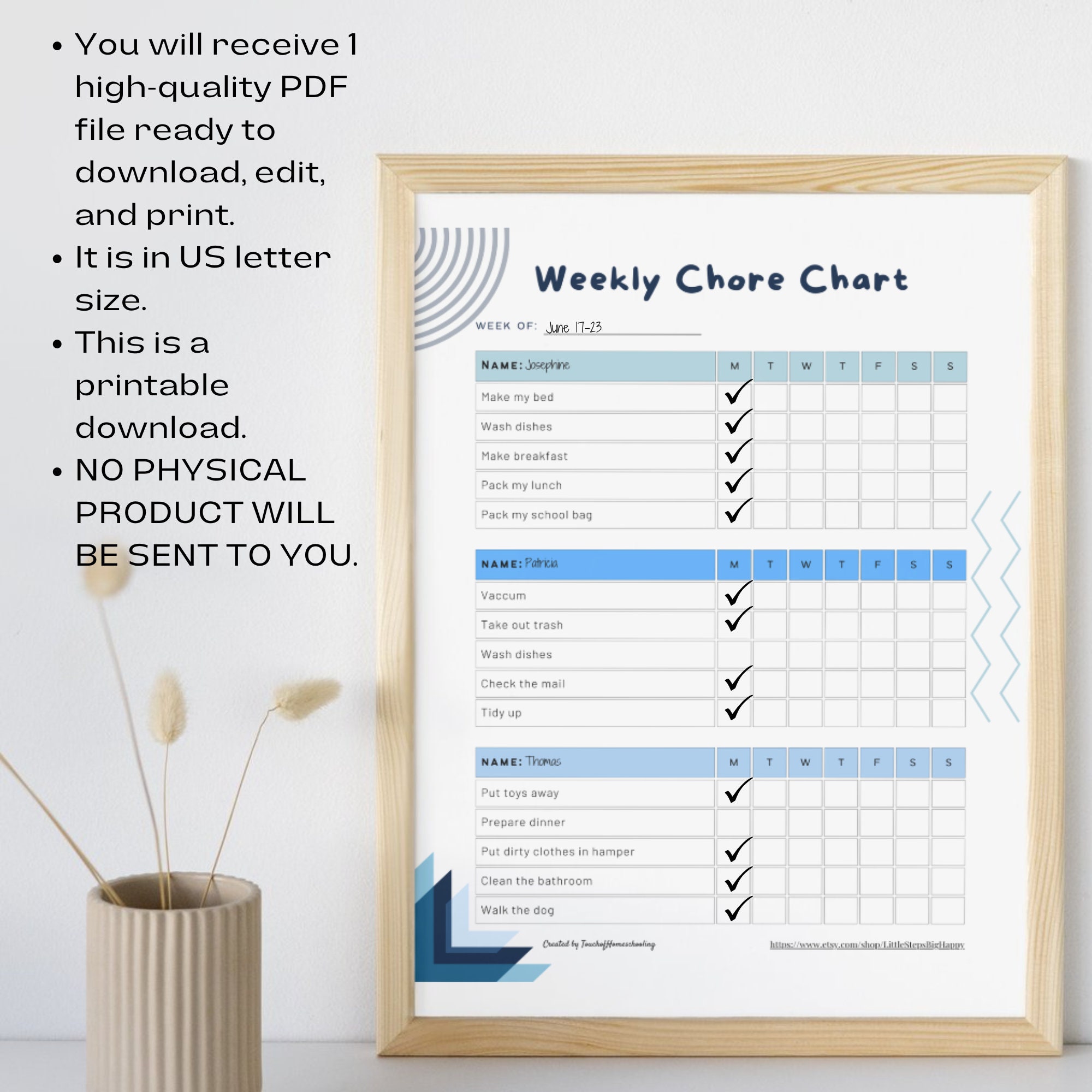 Chore Chart for 3 Kids: Weekly Family Checklist (printable PDF) - Etsy