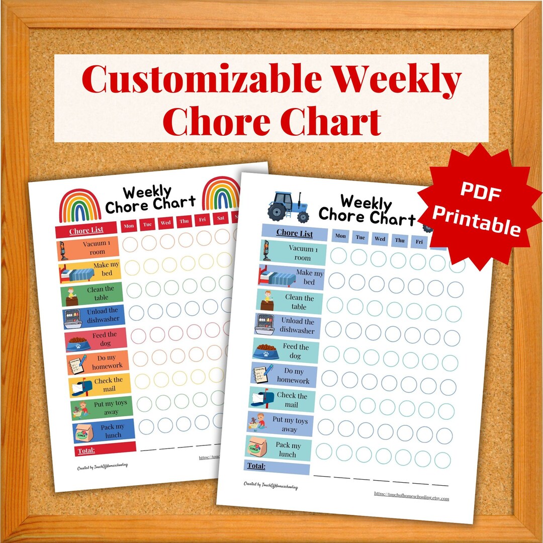 Customizable Printable Weekly Chore Chart for Kids | Chore List W ...