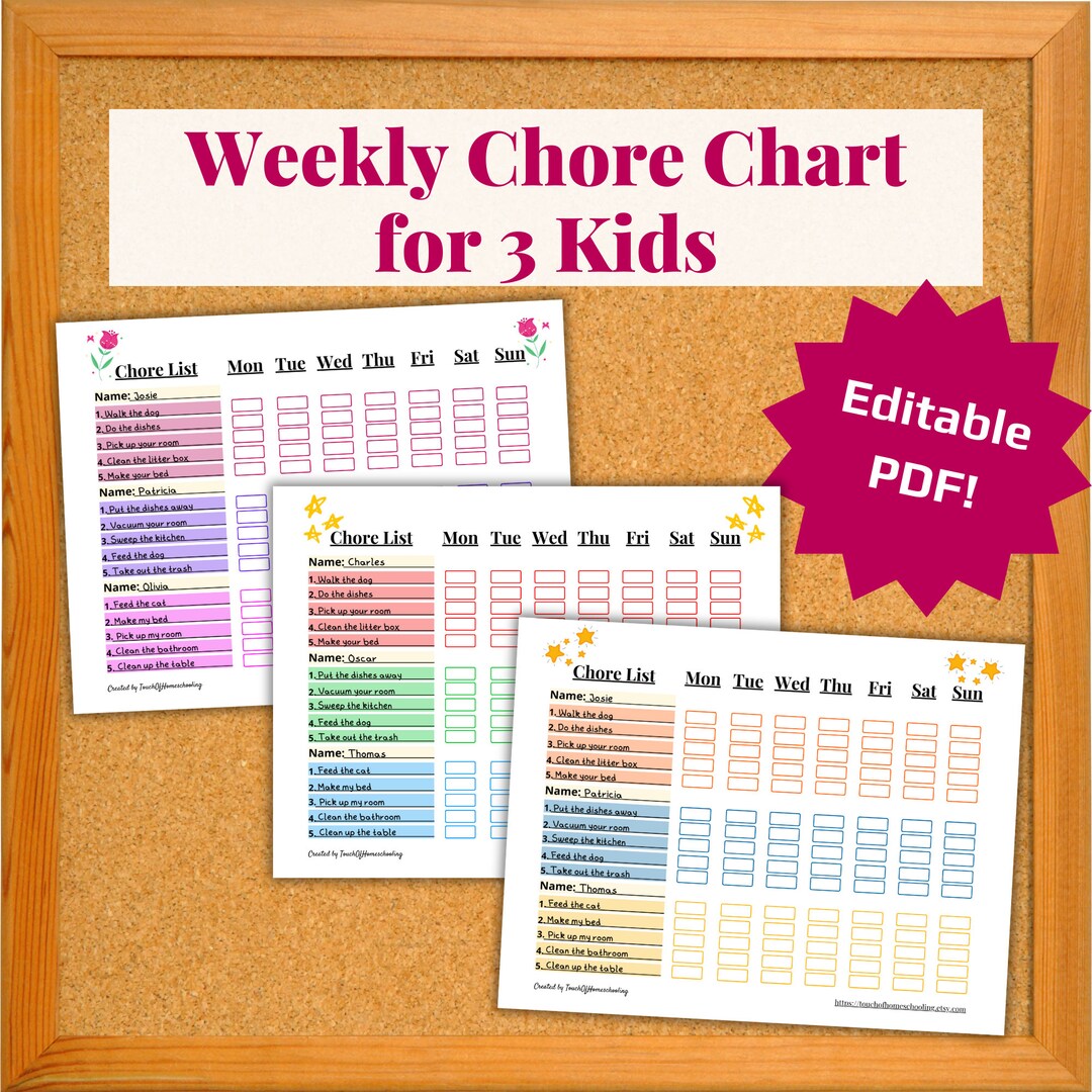 Weekly Chore Chart for 3 Kids | Printable Chore List | Multiple Kids ...