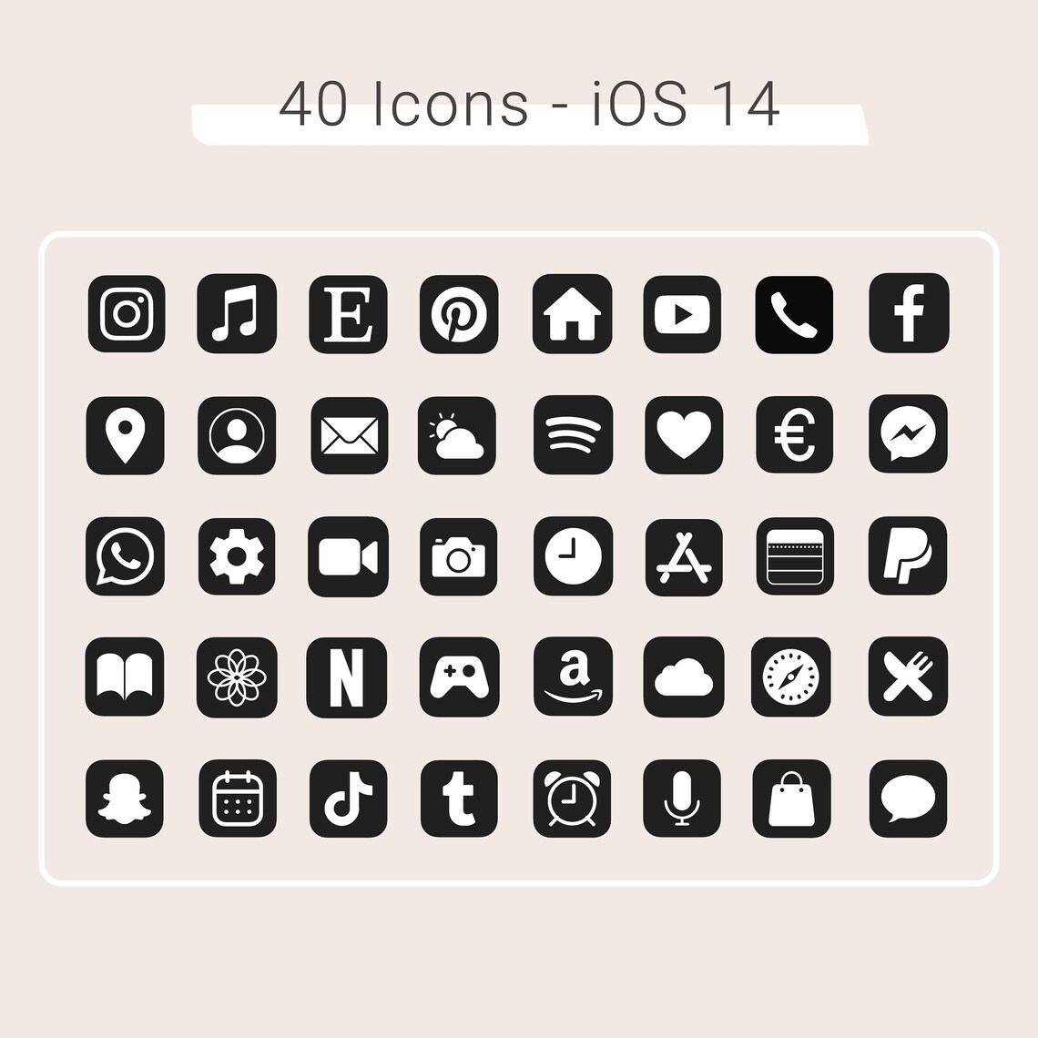 Ios 14 Icons, App Icons, 40 Black App Icons Ios14 Iphone, Widgets - Etsy