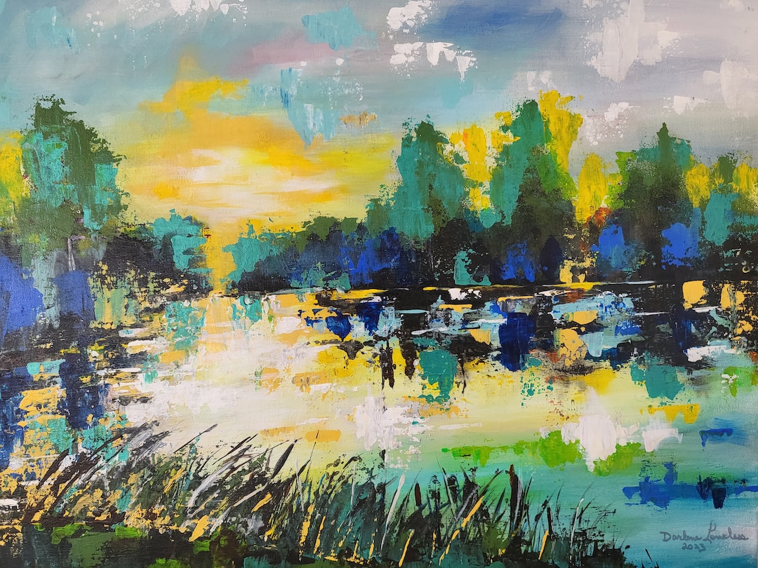Original Acrylic Painting Picture Abstract Lake Landscape Wall Art ...