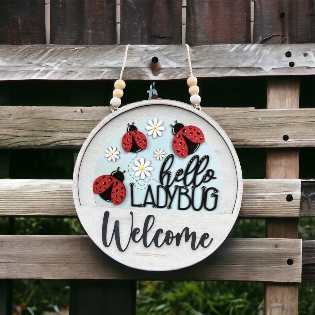 Lady Bug Welcome Front Door Sign / Spring Decor / Flowers / Wooden ...