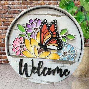 Butterfly Welcome Front Door Sign / Spring Decor / Flowers / Wooden ...