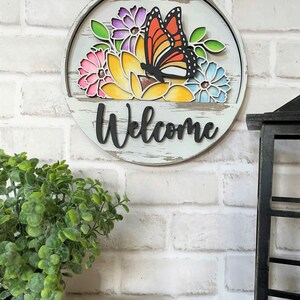 Butterfly Welcome Front Door Sign / Spring Decor / Flowers / Wooden ...