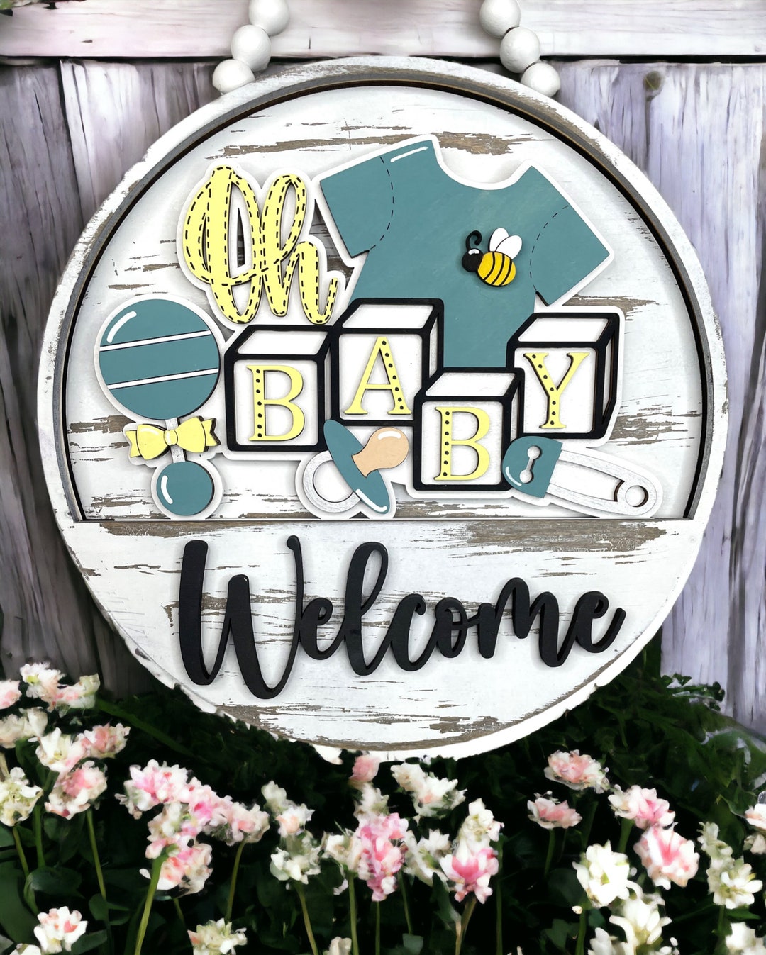 Oh Baby Welcome Front Door Sign / Blocks / Gender Reveal / Bee / Rattle ...