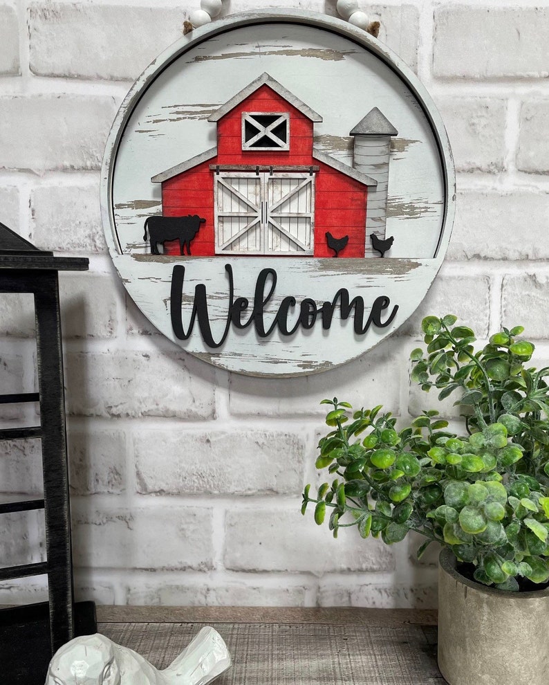 Farm Life Barn / Red Barn / Welcome Front Door Sign / Silos / Cow ...
