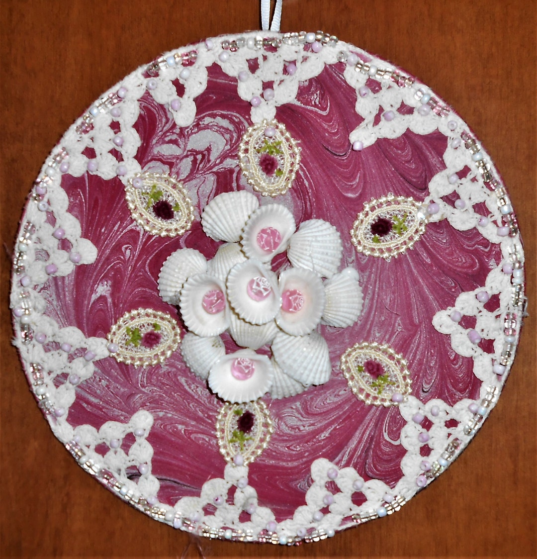 Hand Embellished Circular Silk Marbled Decorated Wall Hanging, Hand ...