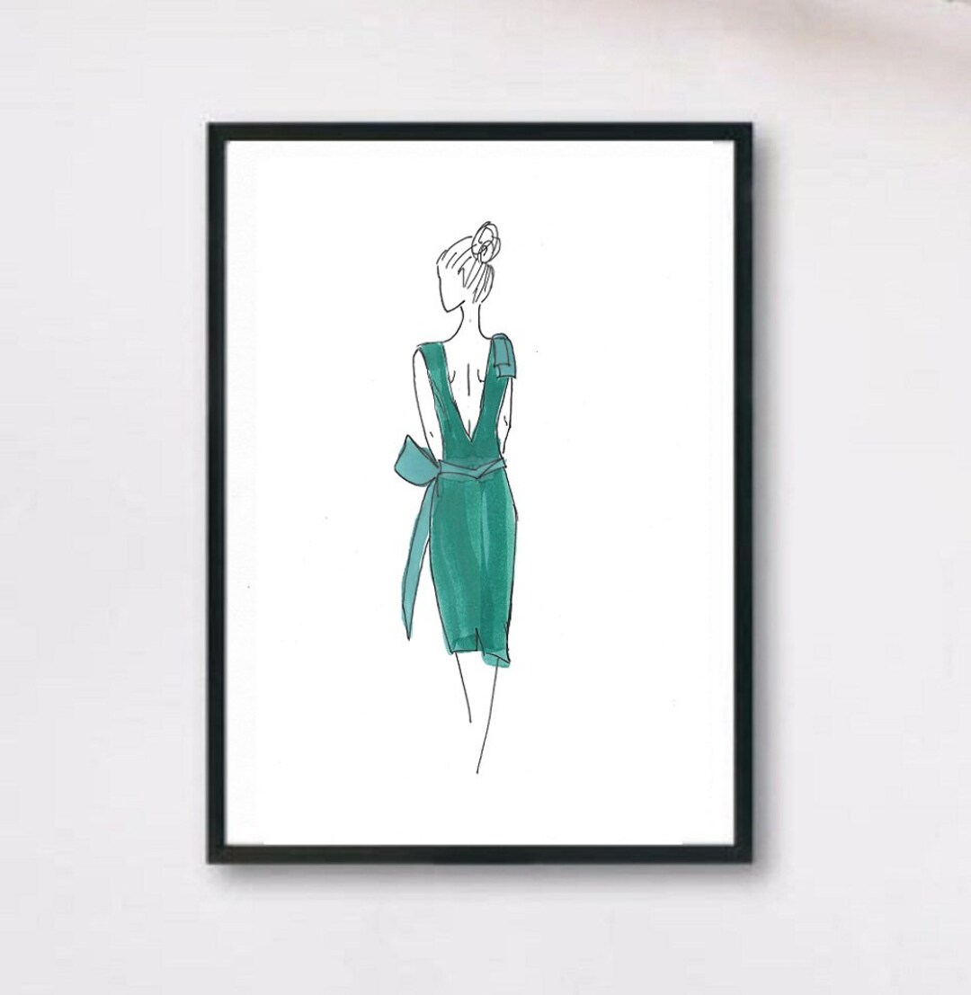 Girl in the Green Dress, Fashion Sketch, Digital Print Wall Art ...