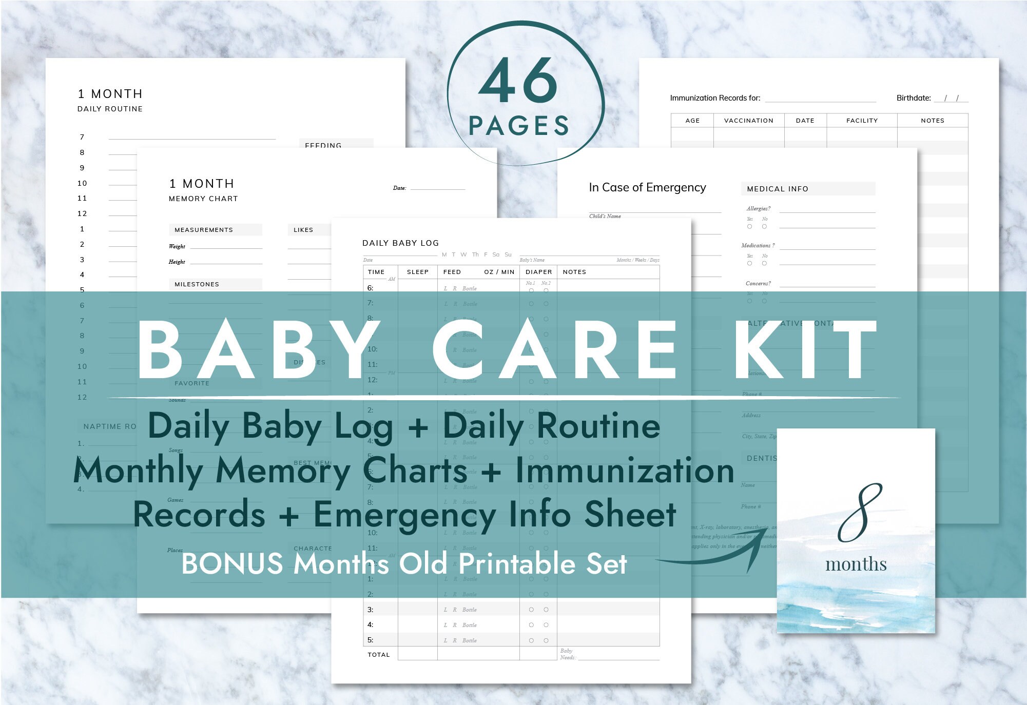 Paper Emergency Contact Newborn Schedule Instant Download Baby Care Kit ...