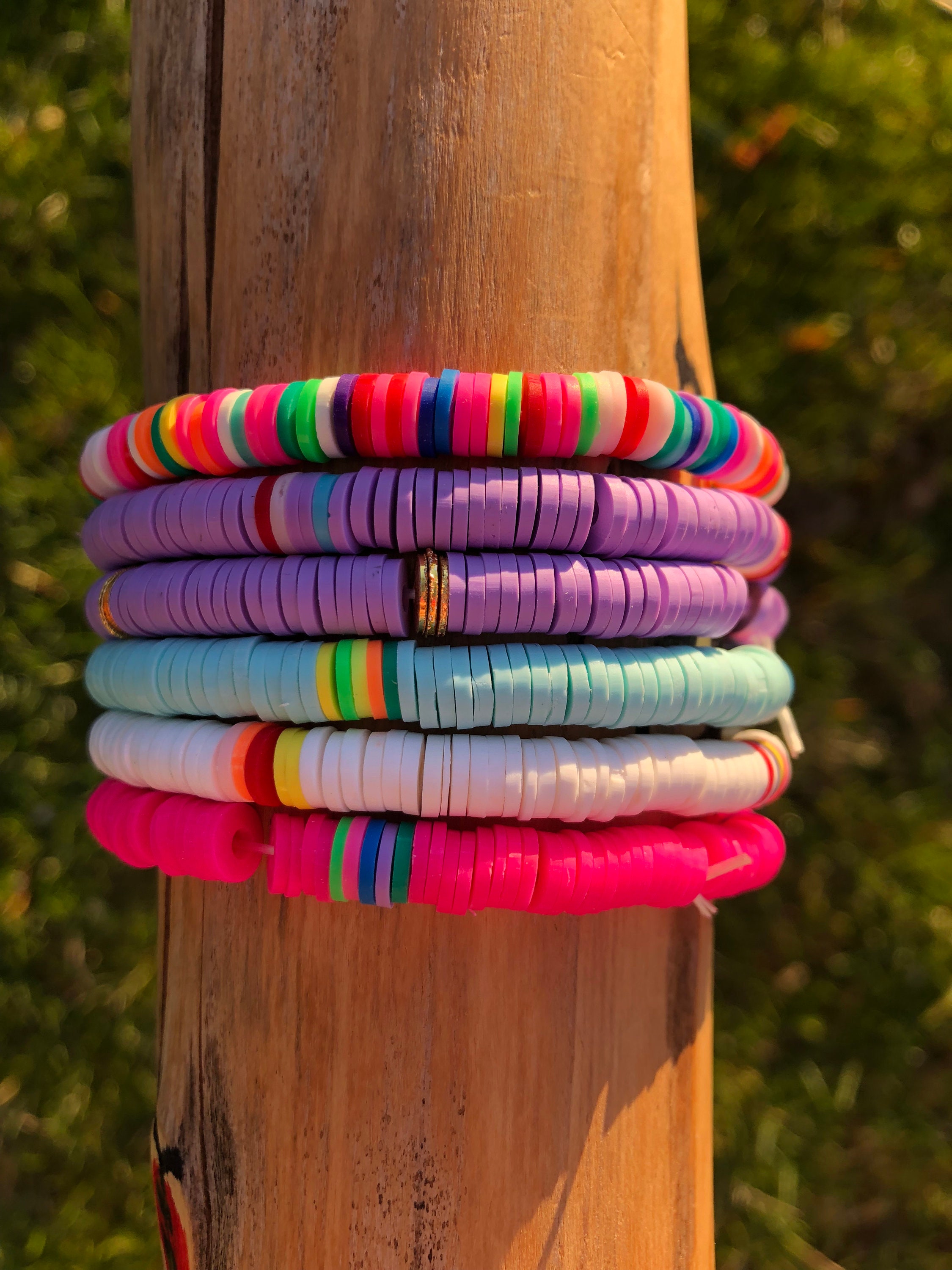 Handmade Heishi Beaded Bracelets, Colorful Vinyl Disc Beaded Elastic ...