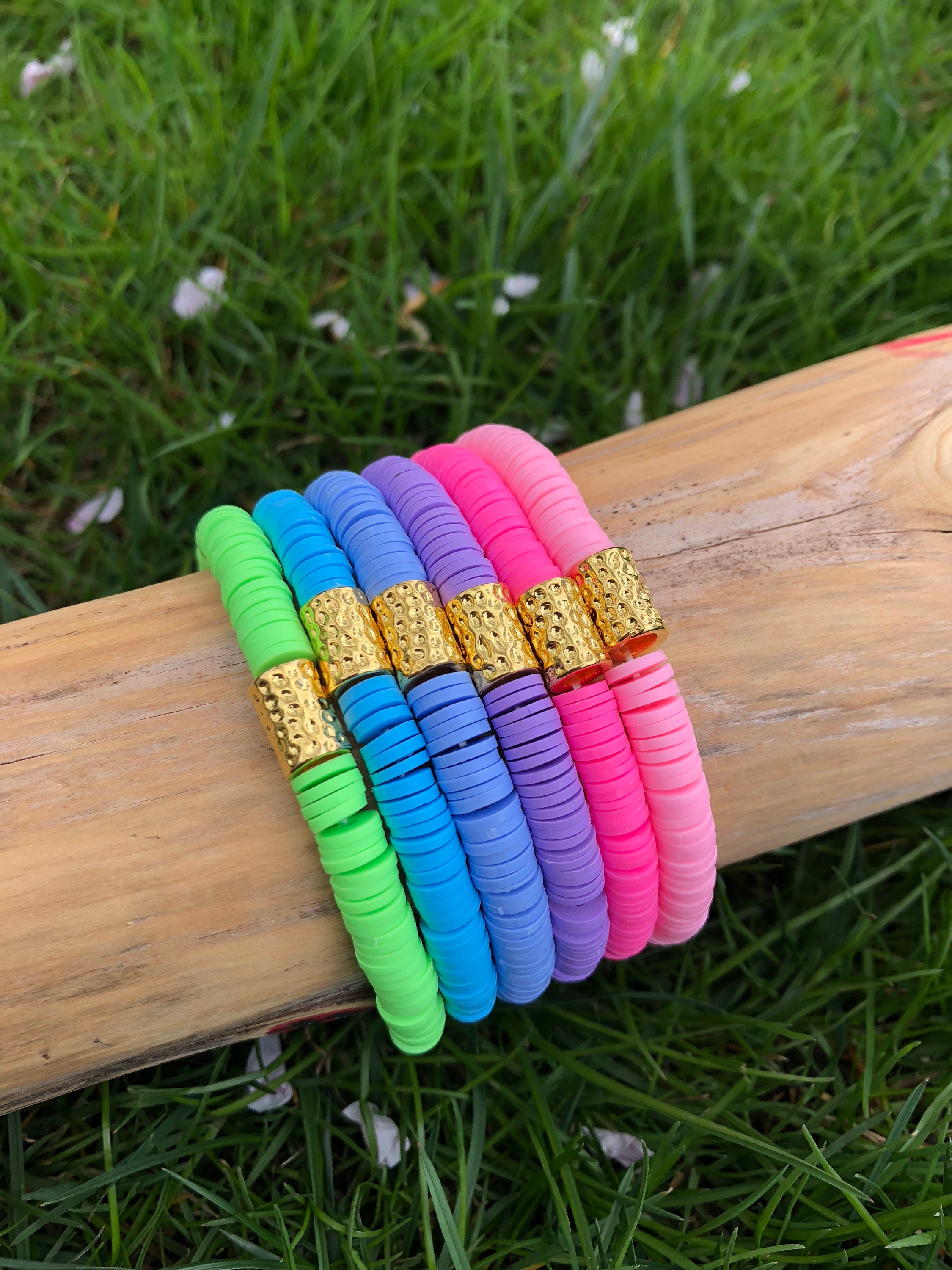 Colorful Vinyl Disc Beaded Elastic Bracelets, 6mm Heishi Beads ...