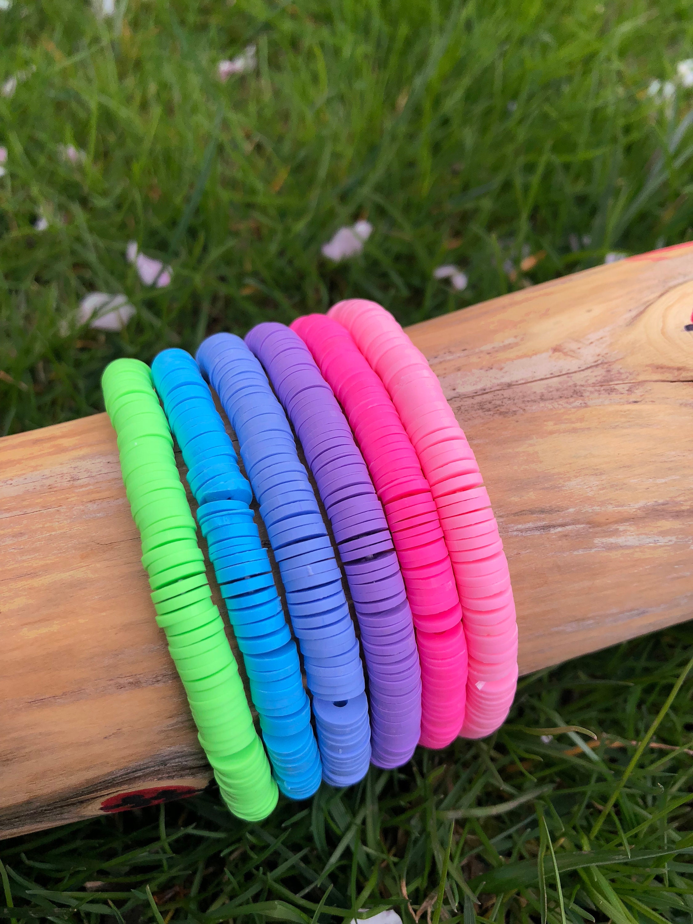 Colorful Vinyl Disc Beaded Elastic Bracelets, 6mm Heishi Beads ...