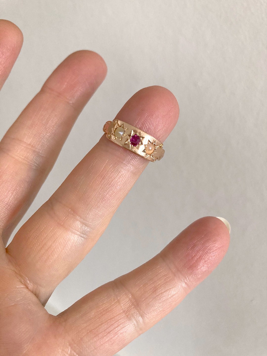Vintage Gold Ruby Ring, Ruby and Pearl Ring, Solid 15ct Gold Ring ...